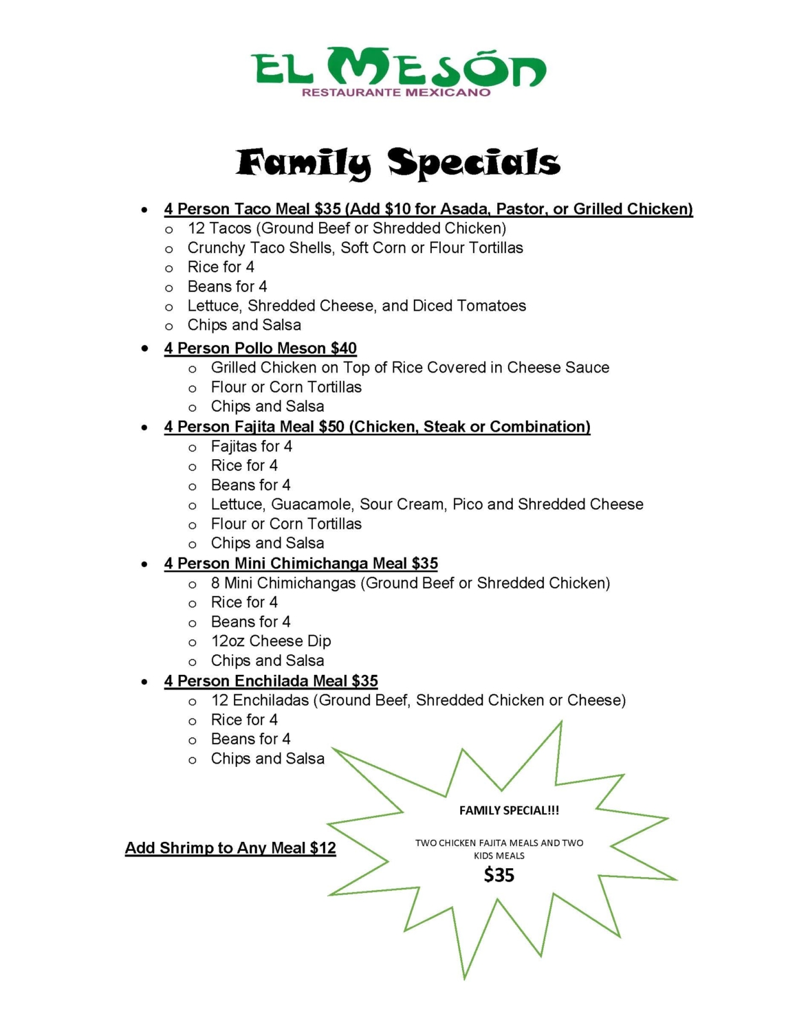 Family Specials - El Meson Mexican Restaurant